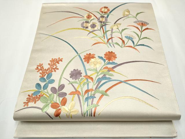 平和屋着物●西陣　川島織物　太鼓柄袋帯　総刺繍　草花文　金糸　正絹　逸品　CAAY2663hy