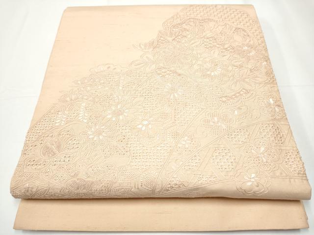 平和屋着物●中国三大刺繍　スワトウ相良刺繍　総刺繍　太鼓柄袋帯　紬地　雪輪草花文　洗柿色　正絹　逸品　CAAY2701hy