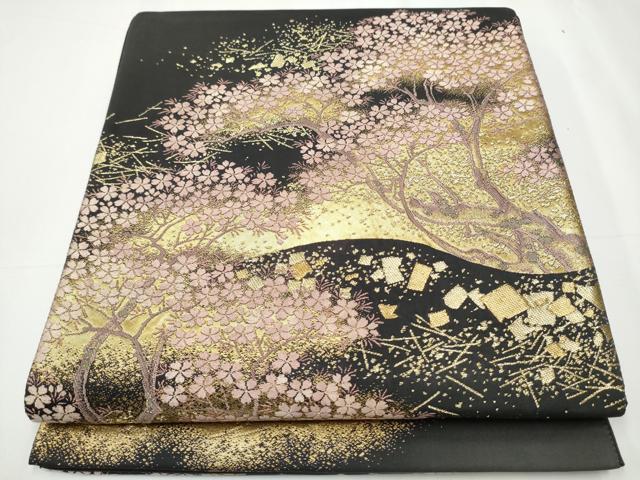 平和屋着物●西陣　河合美術織物謹製　六通柄袋帯　唐織　手織　枝桜文　黒地　本金箔　正絹　逸品　CAAY2735hy