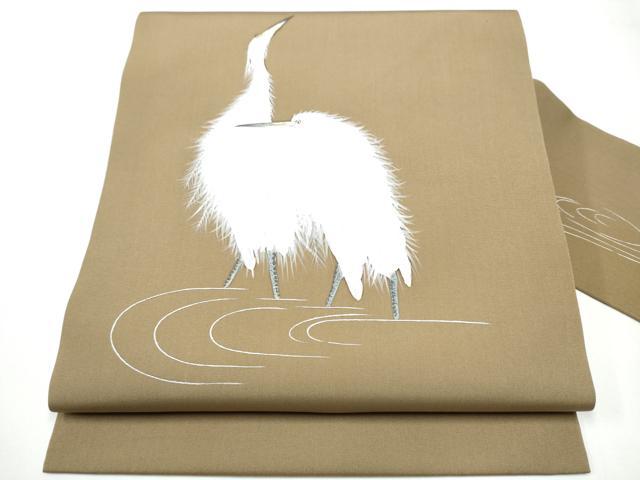 平和屋着物●塩瀬　九寸名古屋帯　手描き　鷺　正絹　逸品　CAAY2783hy