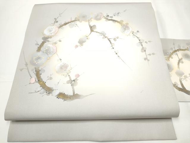 平和屋着物●塩瀬　九寸名古屋帯　手描き　刺繍　枝梅文　金彩　正絹　逸品　CAAY2793hy
