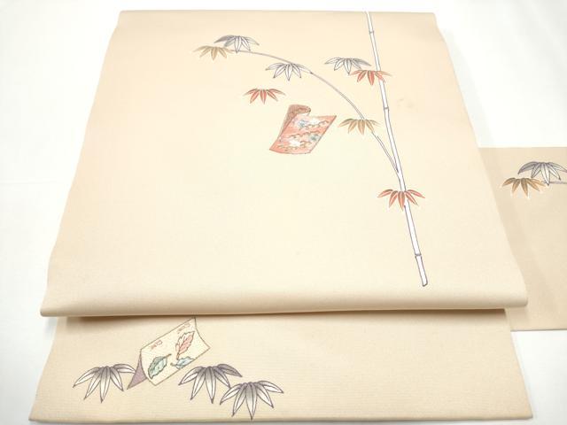 平和屋着物●塩瀬　九寸名古屋帯　刺繍　冊子笹竹文　金糸　正絹　逸品　CAAY2795hy