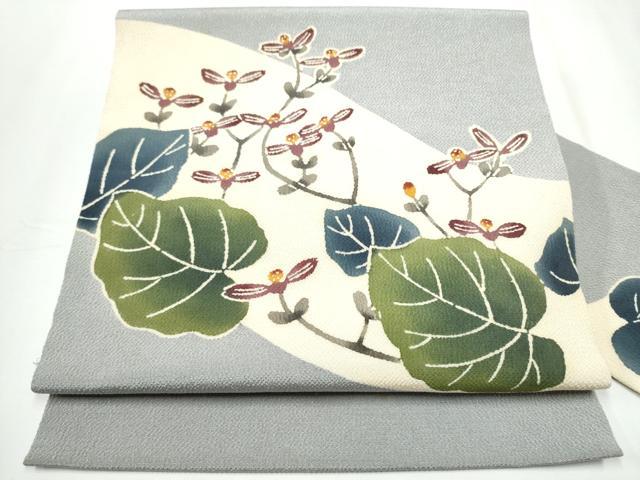 平和屋着物●九寸名古屋帯　型染め　草花文　鬼しぼ縮緬　正絹　逸品　CAAY2796hy