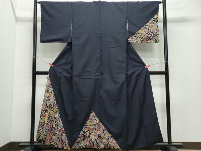 平和屋着物●訪問着　紬地　刺繍　草花文　黒地　金彩　正絹　逸品　CAAY2867vf