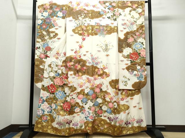 平和屋着物●豪華振袖　草花文　金彩　正絹　逸品　CAAY2932vf