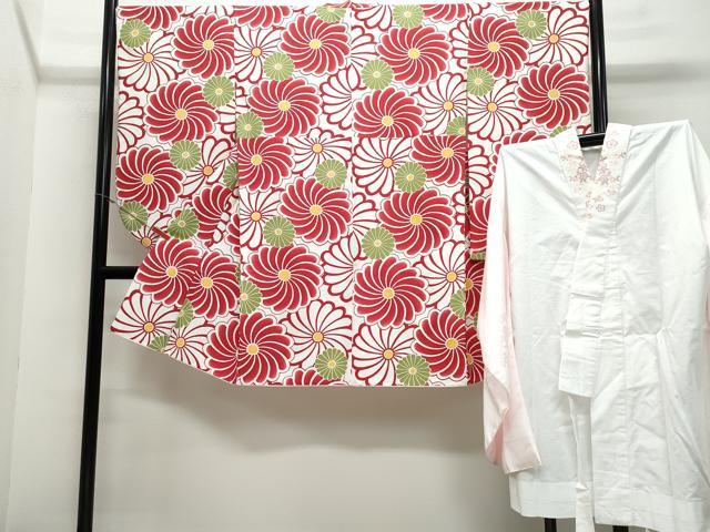 平和屋着物●小振袖　二尺袖・半襦袢セット　舞菊文　半衿刺繍　洗える着物　CAAY2972vf