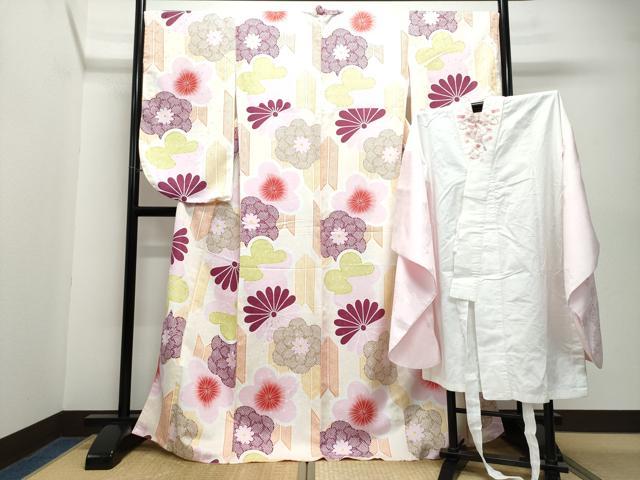 平和屋着物●小振袖　二尺袖・半襦袢セット　花づくし　半衿刺繍　洗える着物　CAAY2975vf