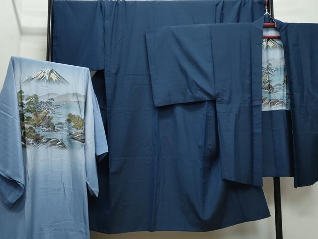 平和屋着物●男性　紬　アンサンブル・長襦袢セット　濃紺色　キングサイズ　正絹　逸品　CAAY3011vf