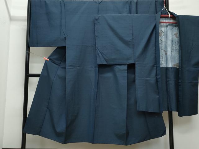 平和屋着物●男性　紬　アンサンブル　藍鉄色　正絹　逸品　CAAY3015vf