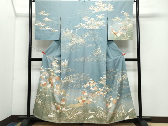 平和屋着物●訪問着　駒刺繍　風景立波枝花文　金彩　正絹　逸品　CAAY3018vf