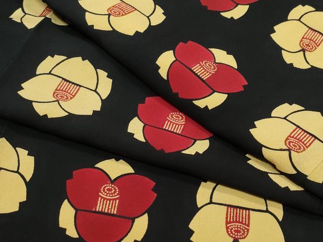 平和屋着物●上質な小紋　型染め　椿　黒地　鬼しぼ縮緬　正絹　逸品　CAAY3029vf