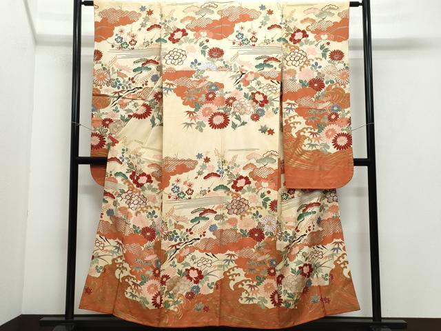 平和屋着物●セミアンティーク　振袖　草花文　金銀彩　正絹　逸品　CAAY3075vf