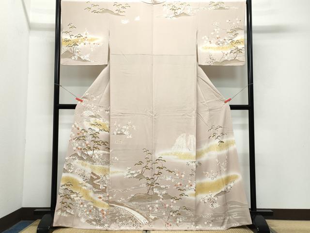 平和屋着物●訪問着　駒刺繍　風景草花文　暈し染め　金彩　正絹　逸品　CAAY3083vf