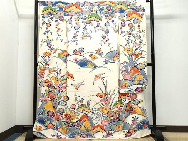 平和屋着物●本場琉球紅型　振袖　飛鳥草花文　正絹　逸品　CAAY3092vf