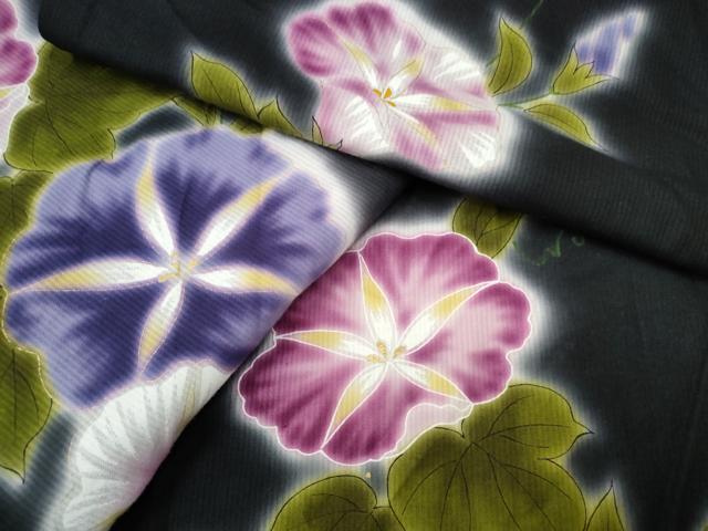 平和屋着物∴夏物　世界的ファッションデザイナー　山本寛斎　kansaiブランド　浴衣　手描き　朝顔　黒地　金彩　逸品　CAAY4458ng