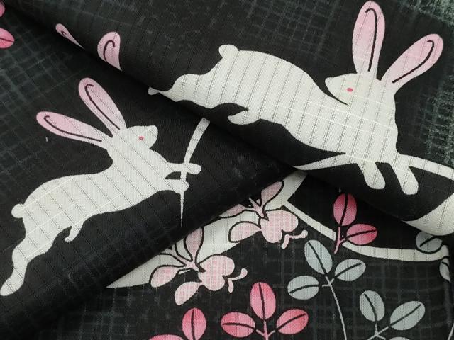 平和屋着物∴夏物　浴衣　跳兎　芝草文　黒地　綿　逸品　CAAY4635ng