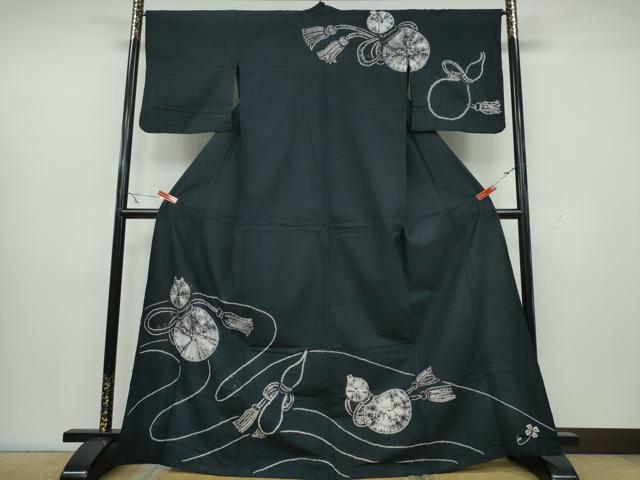 平和屋着物∴夏物　訪問着・浴衣兼用　絞り　瓢箪　黒地　綿　逸品　CAAY4665ng