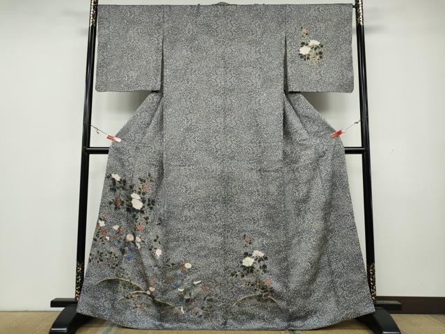 平和屋着物●訪問着　籬草花文　たたき染め　銀通し地　正絹　逸品　CAAY4934ut