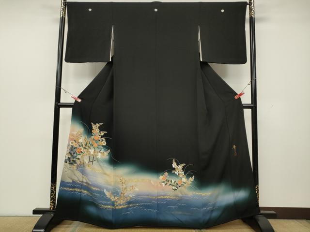 平和屋着物●京友禅の第一人者　松井青々　中国三大刺繍　相良刺繍　黒留袖　駒刺繍　竹垣草花文　暈し染め　金彩　正絹　逸品　CAAY5015ut