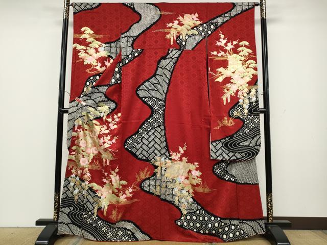 平和屋着物●豪華振袖　絞り　御所車飛鶴花文　金彩　正絹　逸品　CAAY5071ut