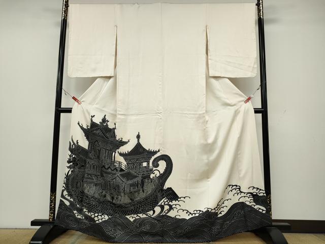 平和屋着物●色留訪問着　刺繍　立波船人物文　銀彩　正絹　逸品　CAAY5141ut