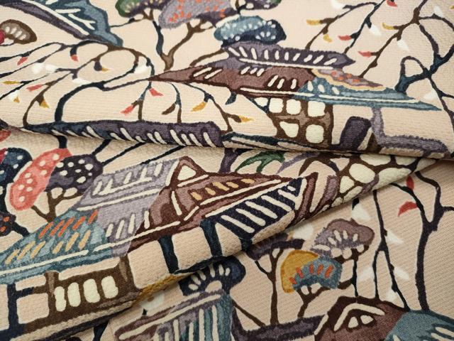 平和屋着物●上質な小紋　型染め　風景草花文　鬼しぼ縮緬　正絹　逸品　未使用　CAAY5146ut