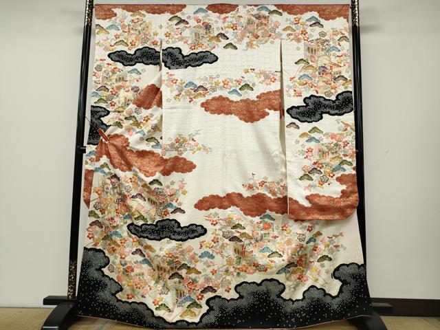 平和屋着物●紫綬褒章　巨匠『岩田専太郎』　振袖　駒刺繍　絞り　御所車花文　金彩　正絹　逸品　CAAY5149ut