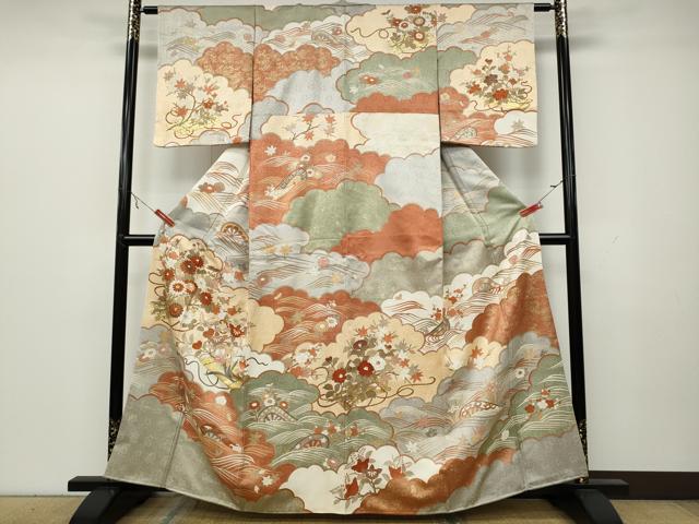 平和屋着物●訪問着　駒刺繍　雲重ね花筏片輪車文　金彩　正絹　逸品　CAAY5155ut