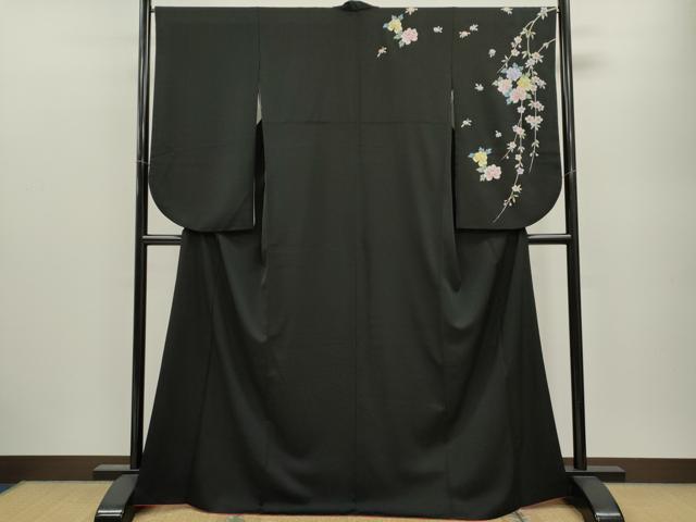 平和屋着物●小振袖　二尺袖　枝花文　黒地　金彩　洗える着物　CAAY6217ze