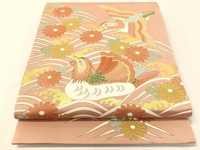 平和屋着物●太鼓柄袋帯　駒刺繍　立波鴛鴦菊文　金彩　引箔　正絹　逸品　未使用　CAAY6810vp