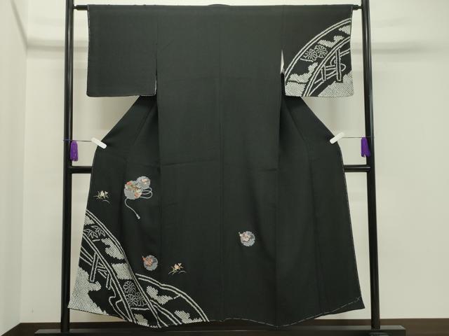 平和屋着物●中国三大刺繍　スワトウ刺繍　訪問着　絞り　御所車雪輪花文　黒地　金糸　正絹　逸品　未使用　CAAY8346gh