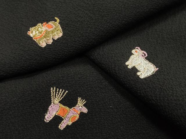 平和屋着物●上質な小紋　総刺繍　十二支　黒地　金糸　正絹　逸品　CAAY8350gh
