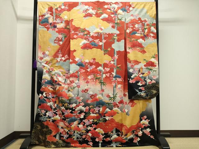 平和屋着物●豪華振袖　駒刺繍　飛鶴松竹梅文　暈し染め　金彩　正絹　逸品　CAAY8384gh