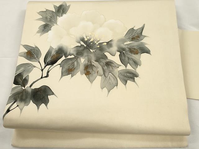 平和屋着物●塩瀬　九寸名古屋帯　手描き　枝花文　金彩　正絹　逸品　CAAY9219yk