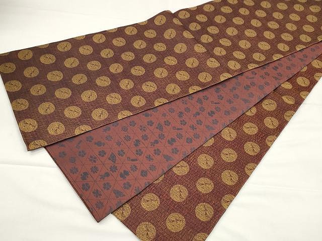 平和屋着物●両面　全通柄袋帯　備長炭染　鳳凰丸文　金糸　正絹　逸品　CAAY9225yk