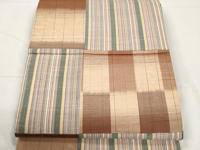 平和屋着物●両面　全通柄袋帯　花織　紬地　切嵌　変わり格子　正絹　逸品　CAAY9249yk
