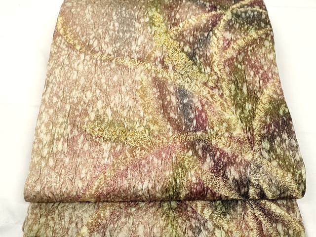 平和屋着物●全通柄袋帯　ふくれ織　霞文　金糸　正絹　逸品　CAAY9258yk