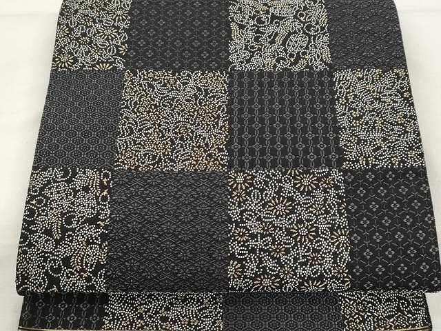 平和屋着物●六通柄袋帯　市松花文　黒地　金糸　正絹　逸品　未使用　CAAY9273yk