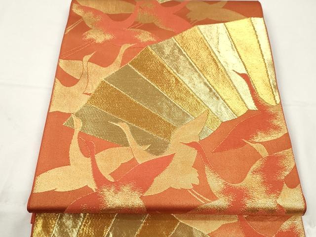 平和屋着物●西陣　川島織物　六通柄　本袋帯　扇面飛鶴文　金糸　正絹　逸品　CAAY9301yk