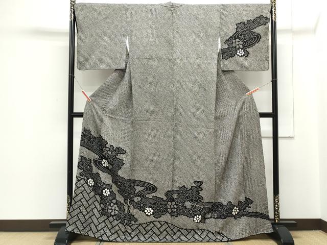 平和屋着物●訪問着　総絞り　流水花文　黒地　正絹　逸品　CAAY9494th