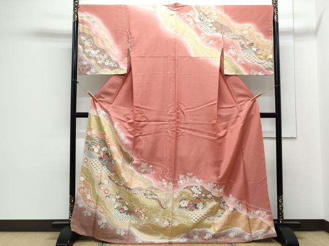 平和屋着物●訪問着　絞り　道長草花文　暈し染め　金通し地　正絹　逸品　CAAY9515th