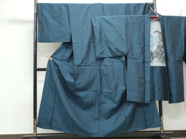 平和屋着物●男性　紬　アンサンブル　色無地　藍色　正絹　逸品　CAAY9559th