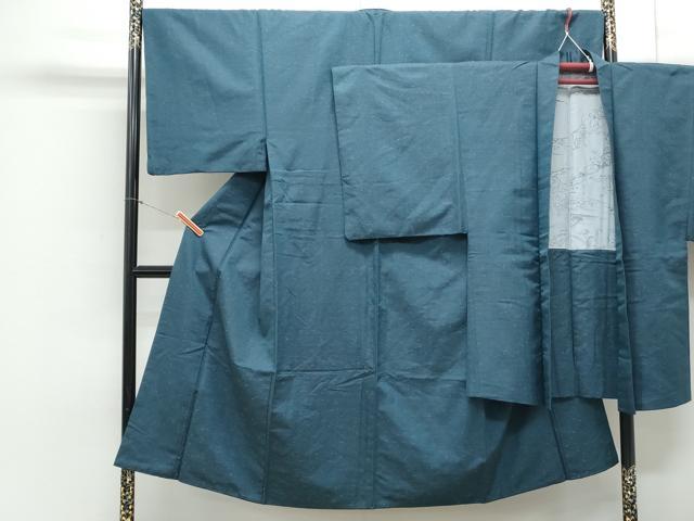 平和屋着物●男性　お召　アンサンブル　色無地　藍色　羽裏：鳥獣戯画　正絹　逸品　CAAY9561th