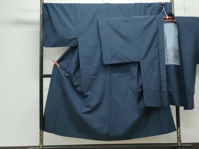 平和屋着物●男性　紬　アンサンブル　色無地　濃藍色　正絹　逸品　CAAY9562th