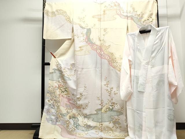 平和屋着物●訪問着　長襦袢セット　無双仕立て　駒刺繍　地紙花文　暈し染　金彩　正絹　逸品　CAAY9595th