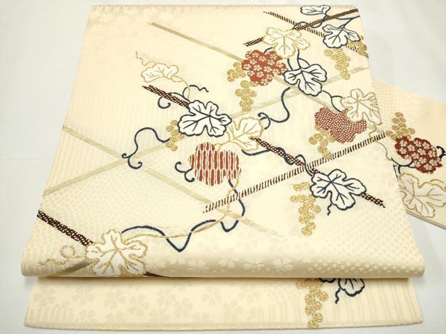 平和屋着物●九寸名古屋帯　唐織　葡萄蔦の葉文　金糸　正絹　逸品　CAAY9601hy