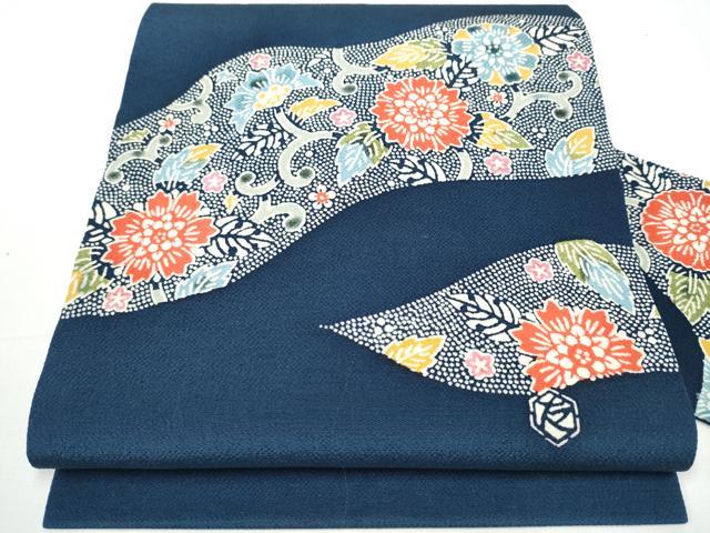 平和屋着物●九寸名古屋帯　型染め　作家物　草木手染　更紗花唐草文　鬼しぼ縮緬　正絹　逸品　CAAY9636hy