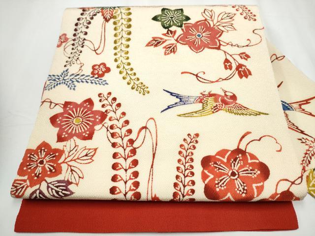 平和屋着物●九寸名古屋帯　紅型　花鳥文　鬼しぼ縮緬　正絹　逸品　CAAY9639hy