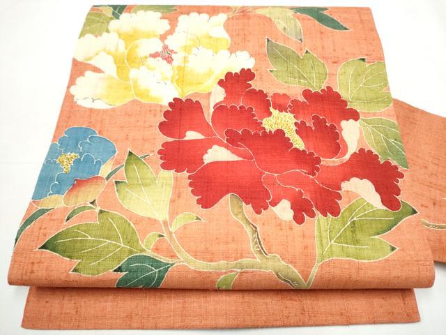 平和屋着物●九寸名古屋帯　生紬　枝牡丹　正絹　逸品　CAAY9642hy