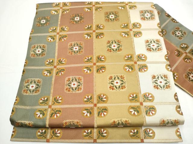 平和屋着物●九寸名古屋帯　唐織　格子花文　金糸　正絹　逸品　CAAY9644hy